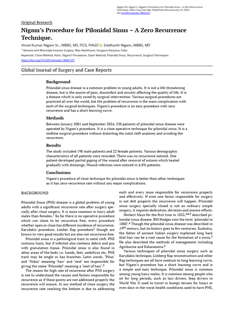 Nigam's Zero Recurrence Technique for PNS | PDF | Wound | Surgery