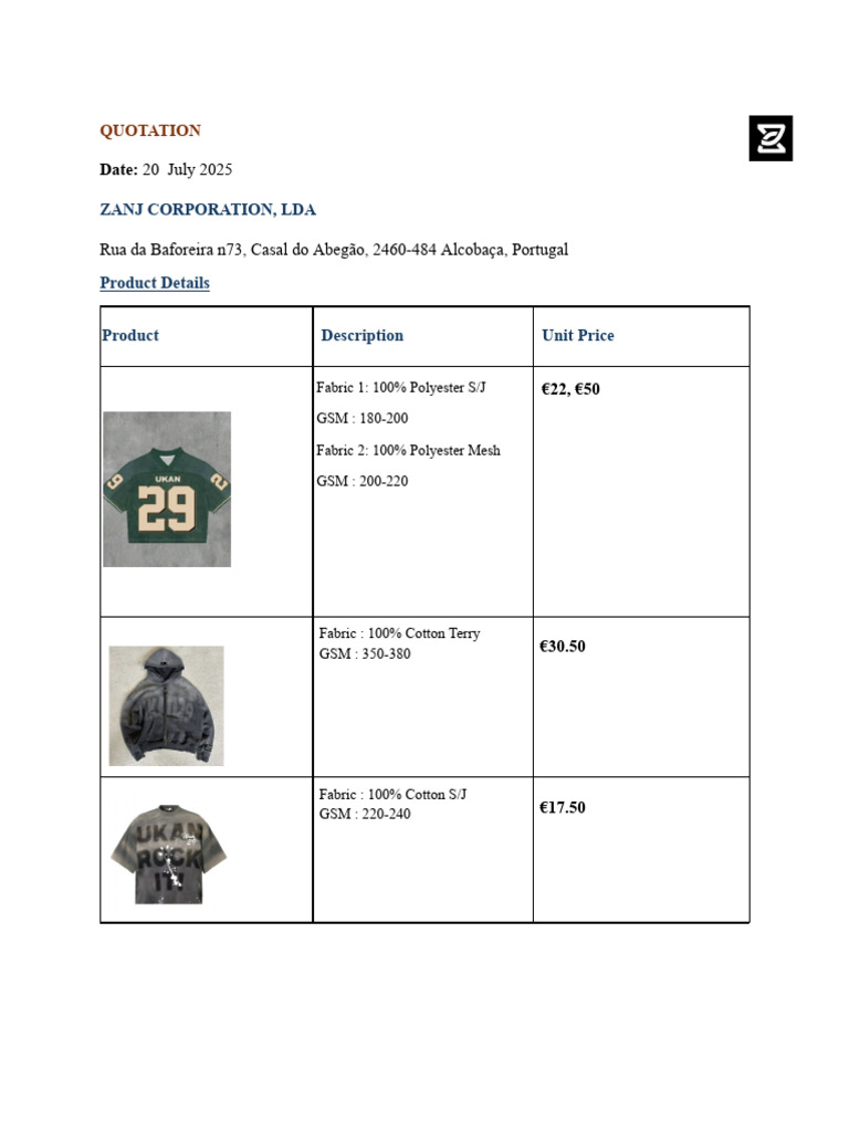 Zanj Corporation Fabric Quotation 2025 | PDF