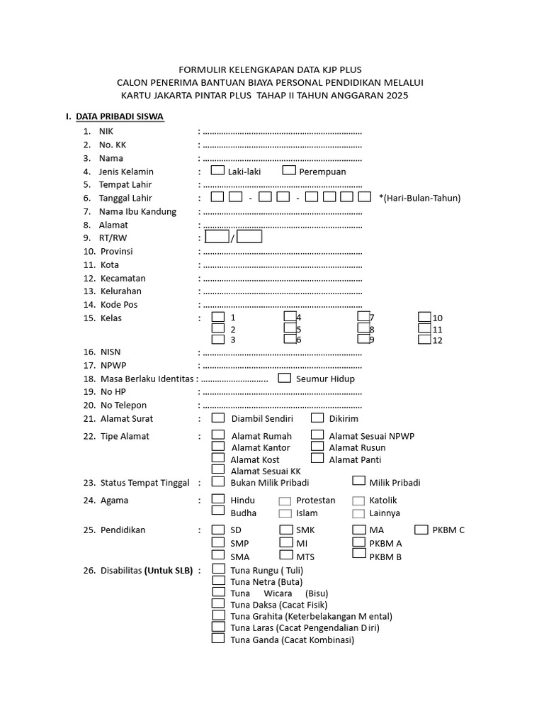 1.Formulir Pendaftaran Kjp_2025 Tahap II Rev | PDF