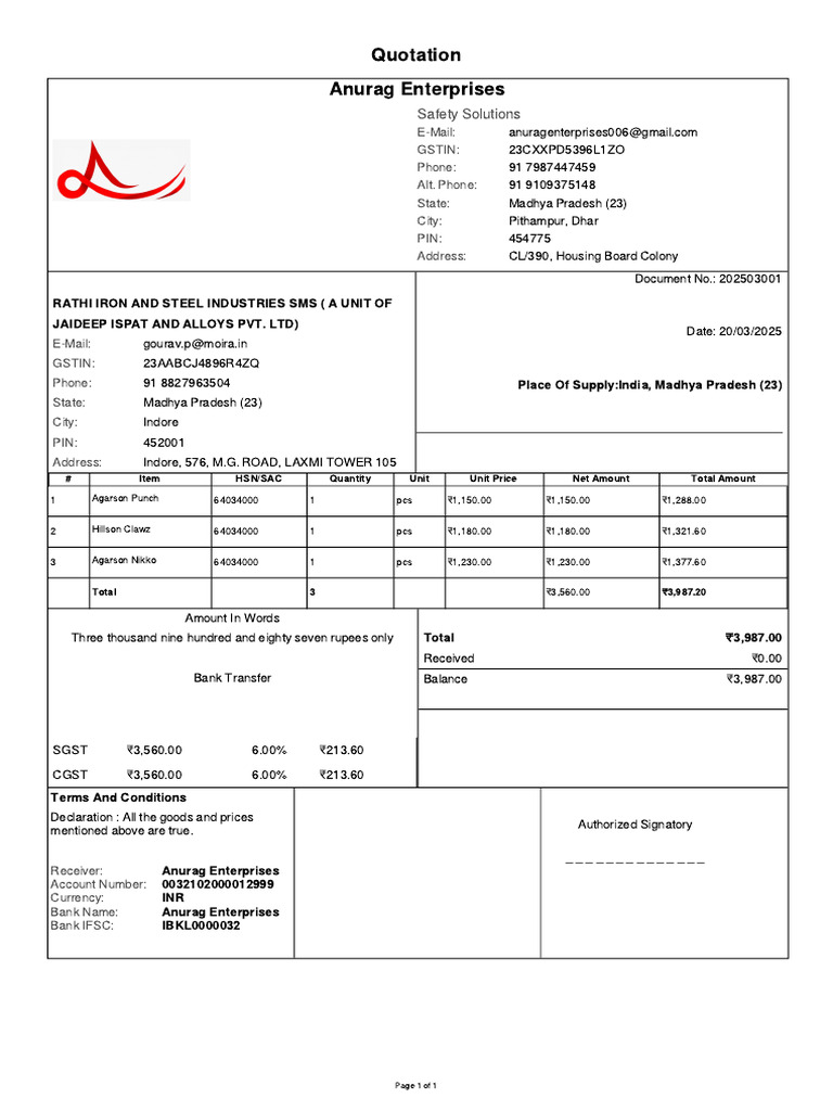 Anurag Enterprises Quotation Document | PDF | Money | Government Finances