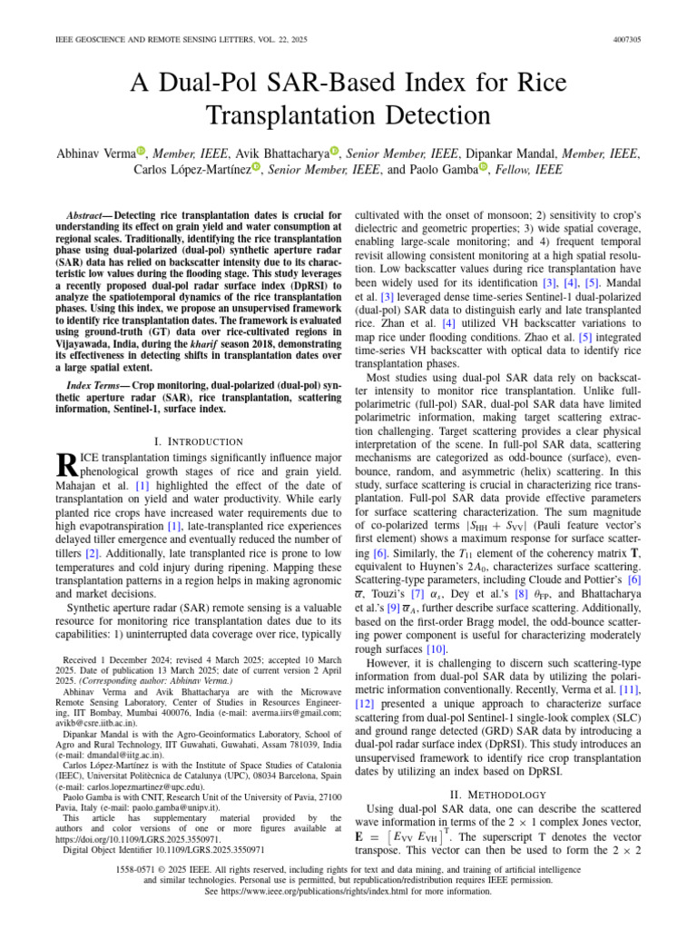 Dual-Pol SAR Index for Rice Detection | PDF | Scattering | Radar