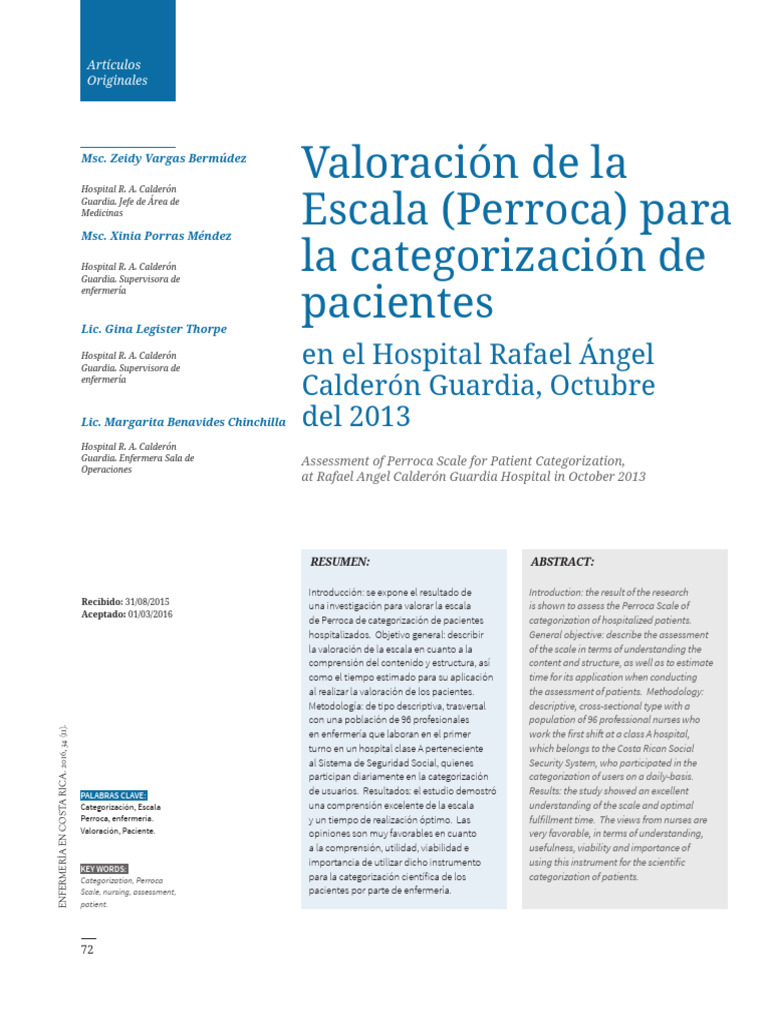 Valoracion de La Escala Perroca para La Categorizacion de Pacientes en ...