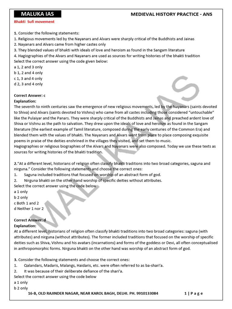 Medieval History All Practice Ans - 29026434 | PDF | Bhakti Movement | Advaita Vedanta