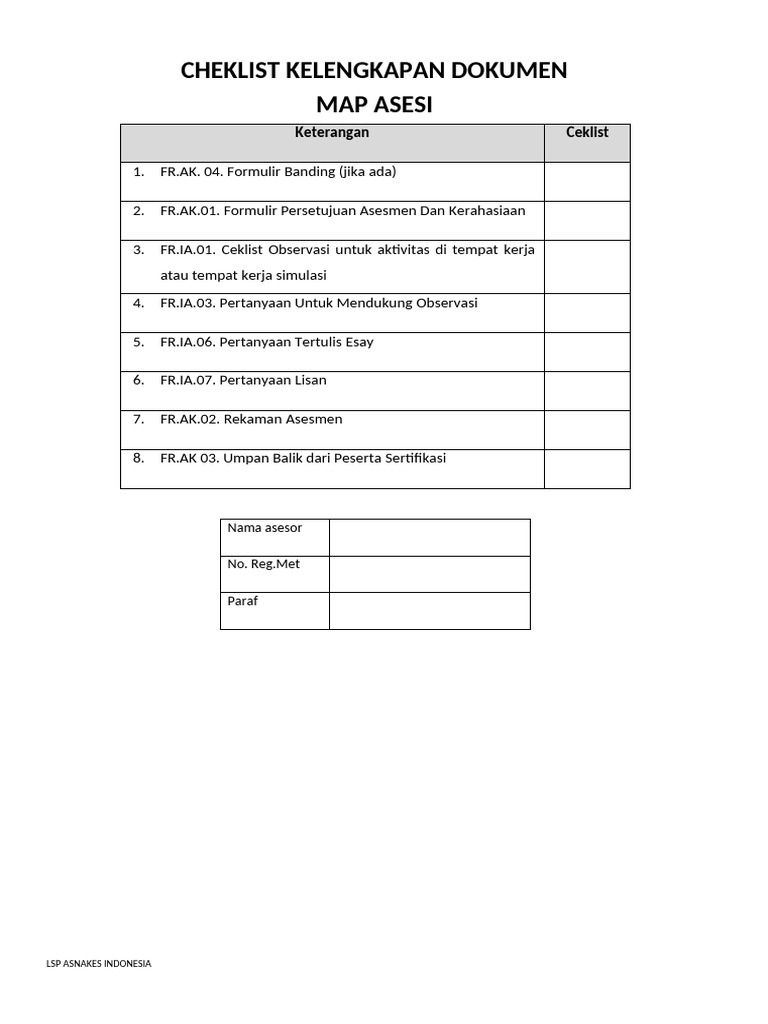 00. Ceklis Kelengkapan Map Asesi 2022-Converted | PDF