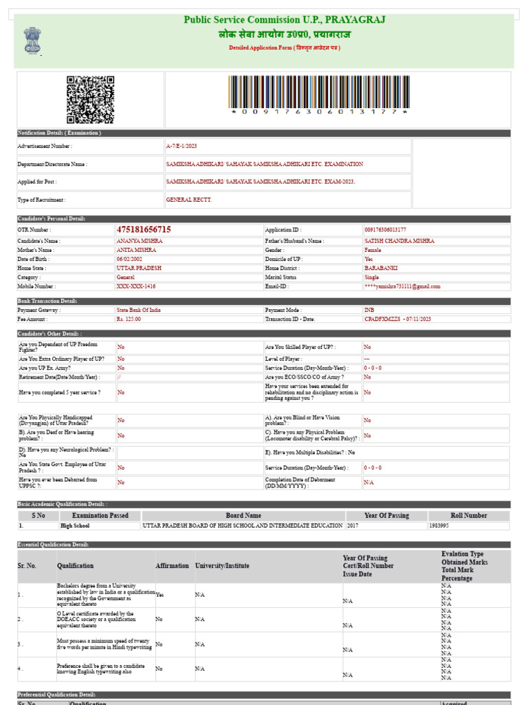 Public Service Commission U.P., PRAYAGRAJ 0 0,: Detailed Application ...