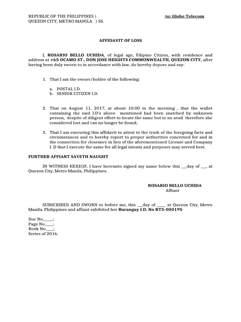 Aff. of Loss Following Rosario Bello Uchida | PDF