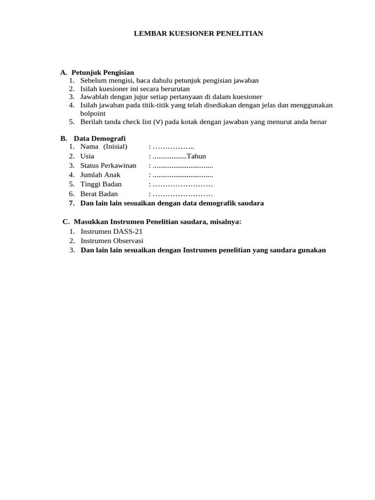 Contoh Lembar Kuesioner Penelitian | PDF