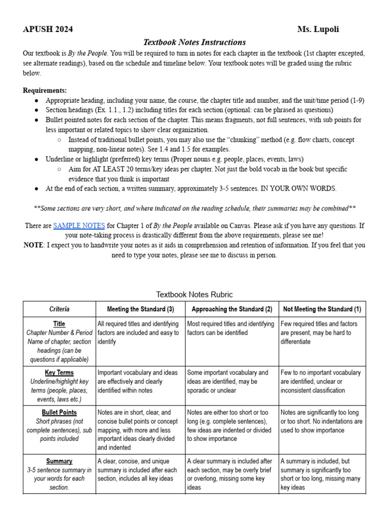APUSH Reading Notes Requirements and Rubric 2024 | PDF | Sentence ...