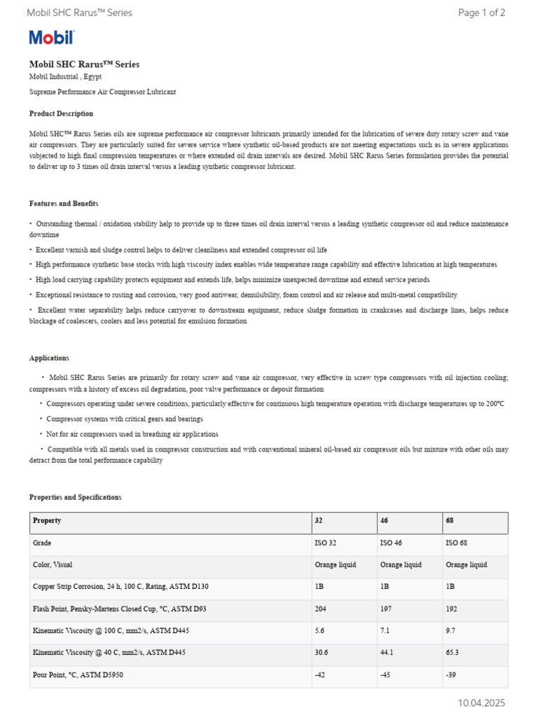 GL XX Mobil SHC Rarus Series | PDF | Lubricant | Exxon Mobil