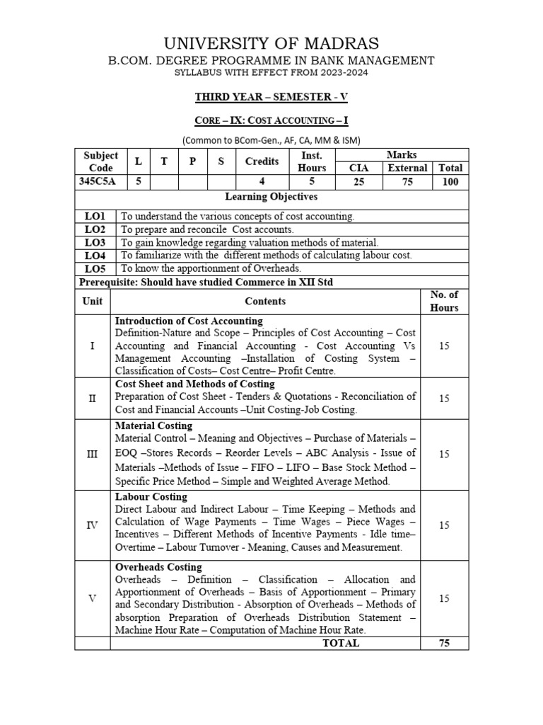 Cost Accounting Syllabus 2023-2024 | PDF | Cost Accounting | Financial ...
