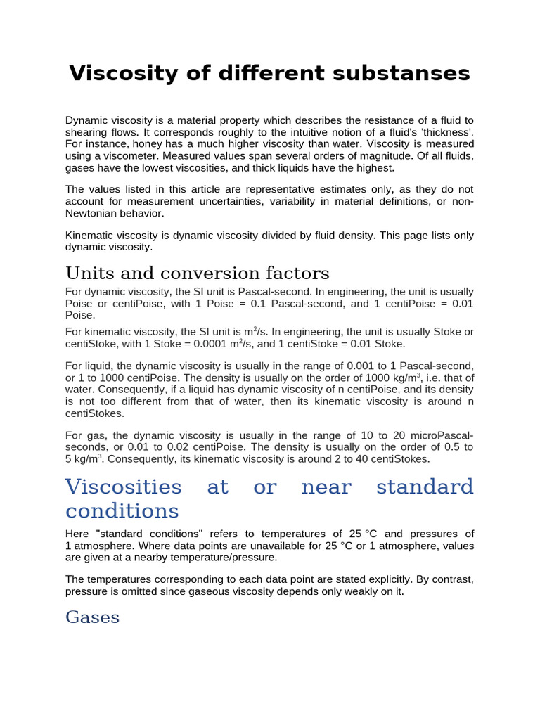 Lowest Viscosity Liquids Comparison | PDF | Viscosity | Gases