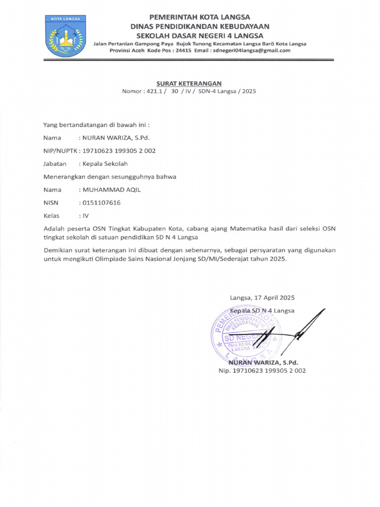 Surat Keterangan Kepala Sekolah Aqil | PDF