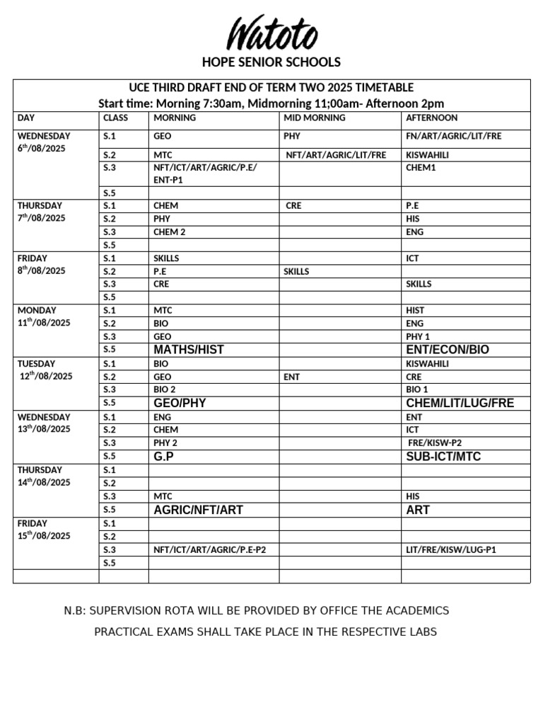 Eot II 2025 Timetable Hope Senior Schools-1 | PDF