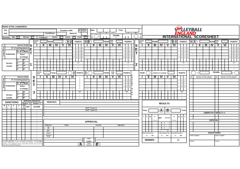 FIVB Volleyball International Scoresheet | PDF