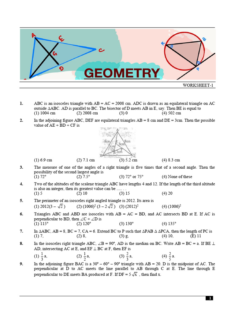 Worksheet-1 Geometry Part 1 IOQM | PDF | Triangle | Euclidean Plane Geometry