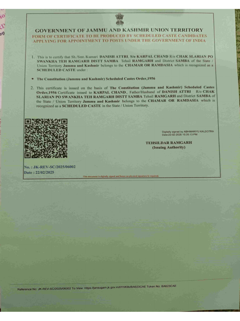 Caste Certificate | PDF