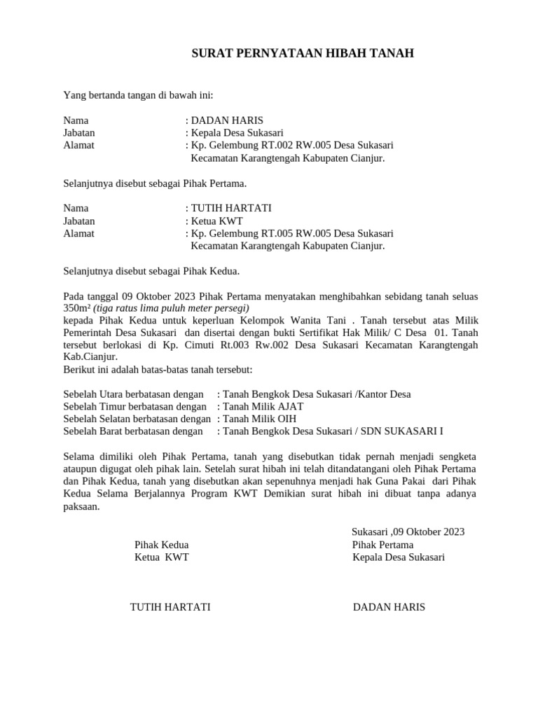 Surat Hibah Tanah untuk KWT | PDF