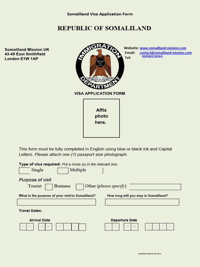 Somaliland Visa Application Form | PDF | Travel Visa | Passport