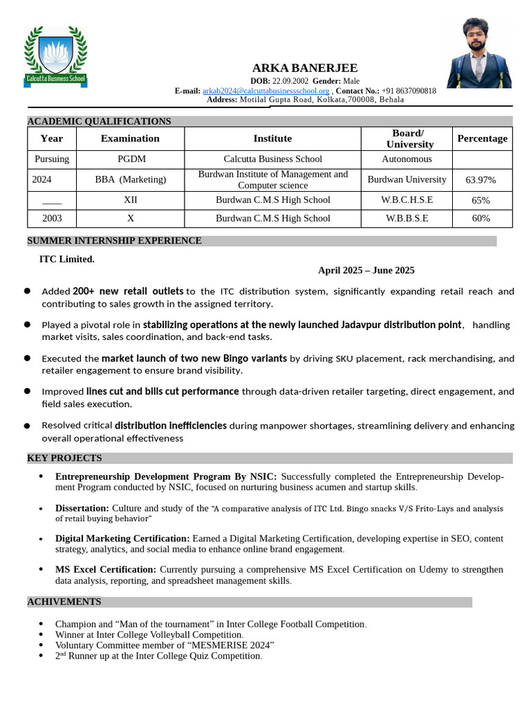 Arka Banerjee: Academic & Internship Profile | PDF | Business ...
