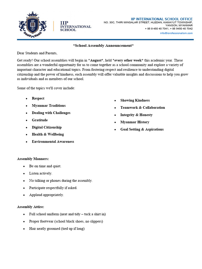 Assembly Announcement To Students and Parents | PDF