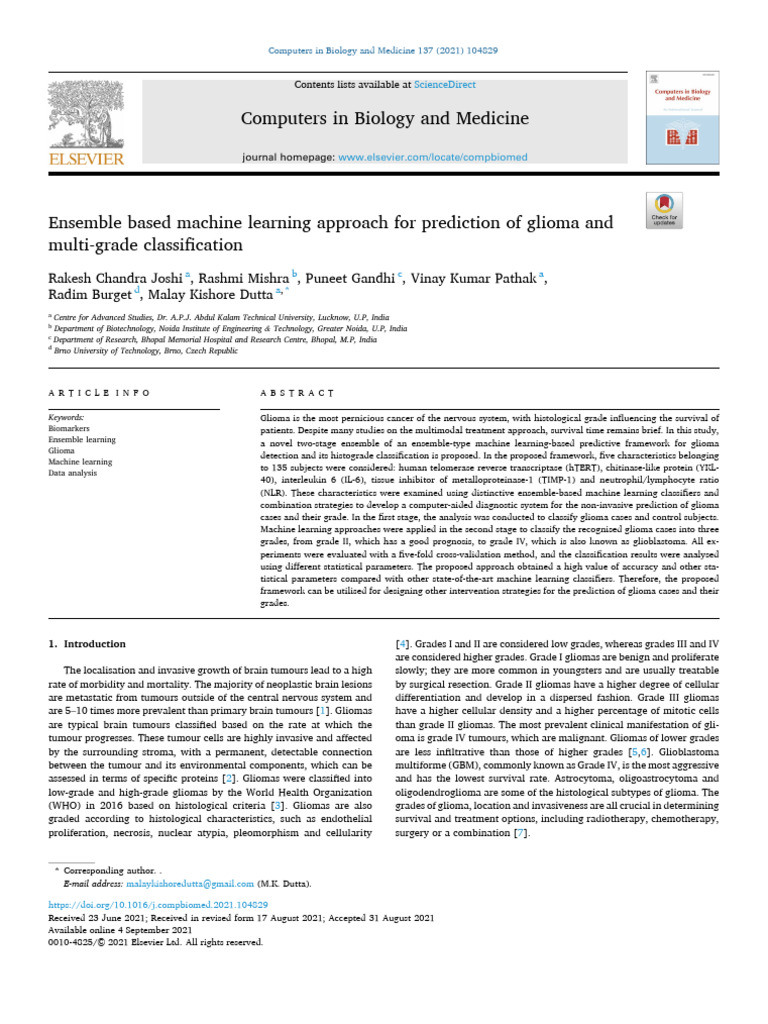 Ensemble Based Machine Learning Approach For Prediction of Glioma and ...