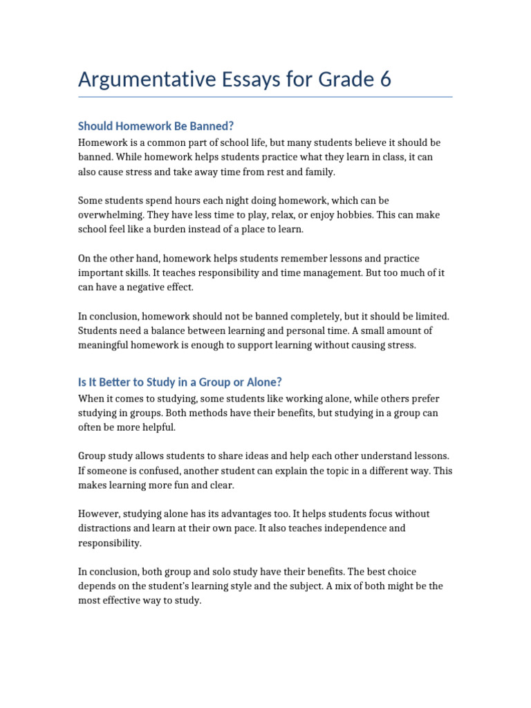 Grade 6 Argumentative Essay Topics | PDF | Homework | Psychological ...