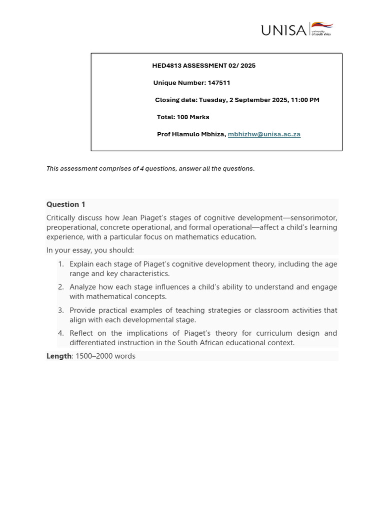 HED4813 Assessment 2 2025 | PDF | Algebra | Equations