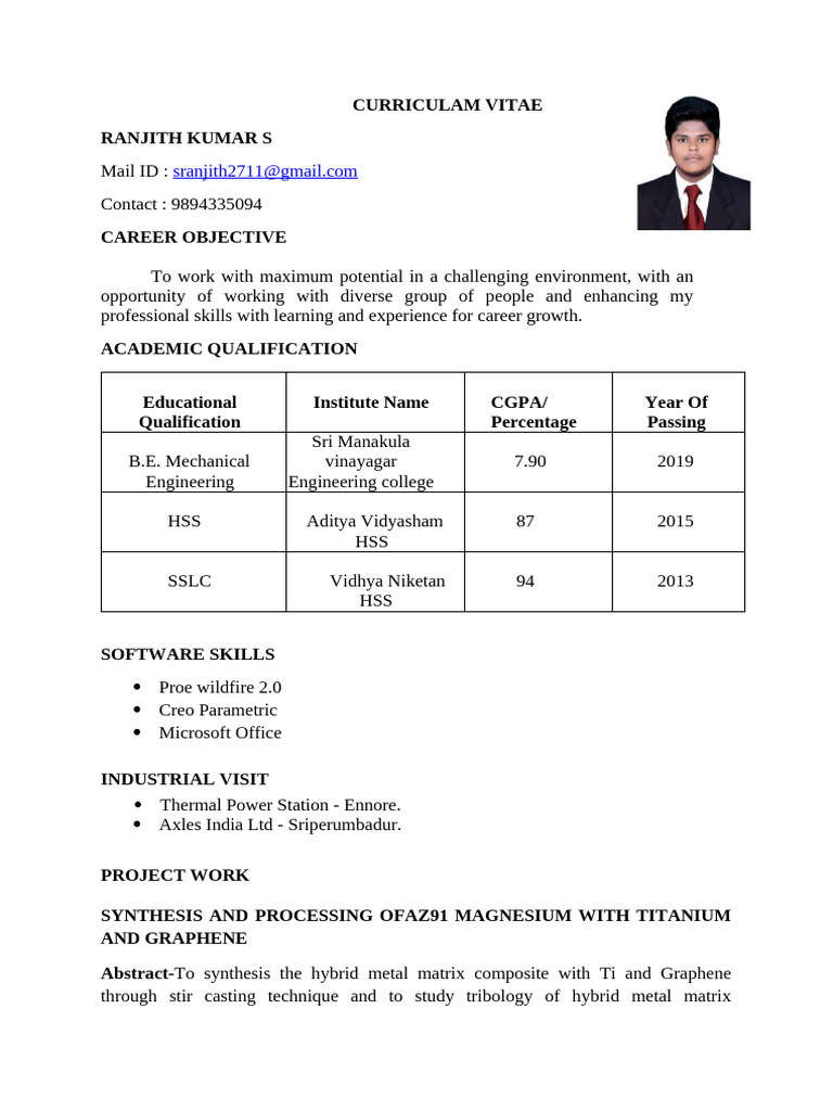 Ranjith Resume (21-07-2020) | PDF | Materials | Applied And Interdisciplinary Physics