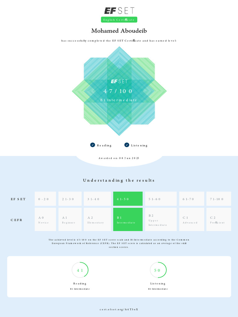EFSET Certificate Achievement | PDF