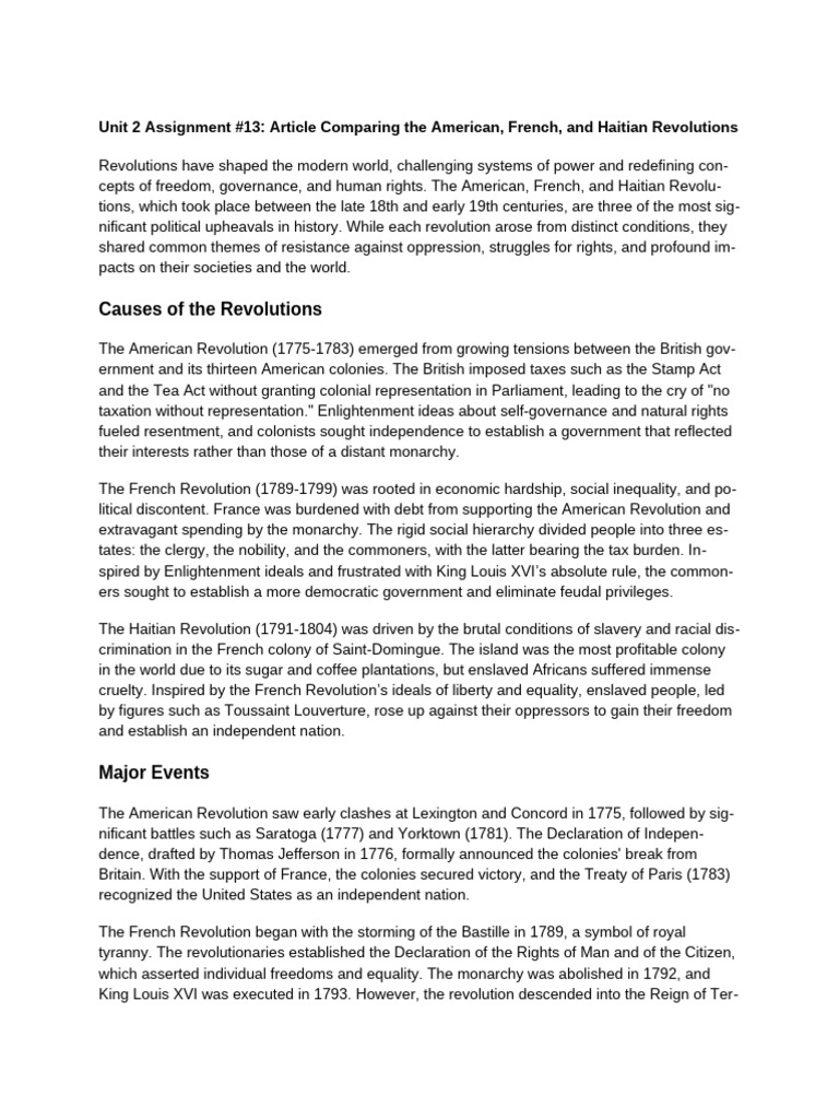 Unit 2 Assignment 13 Article Comparing The American French and Haitian ...