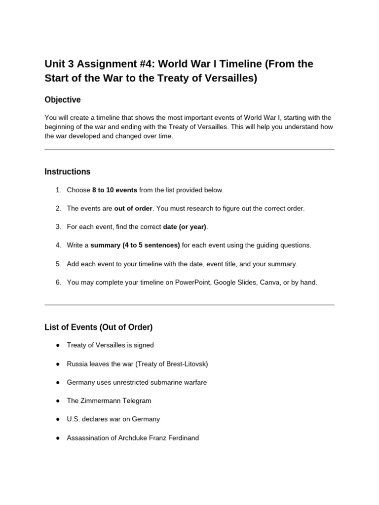 Unit 3 Assignment 4 World War I Timeline From the Start of the War to ...
