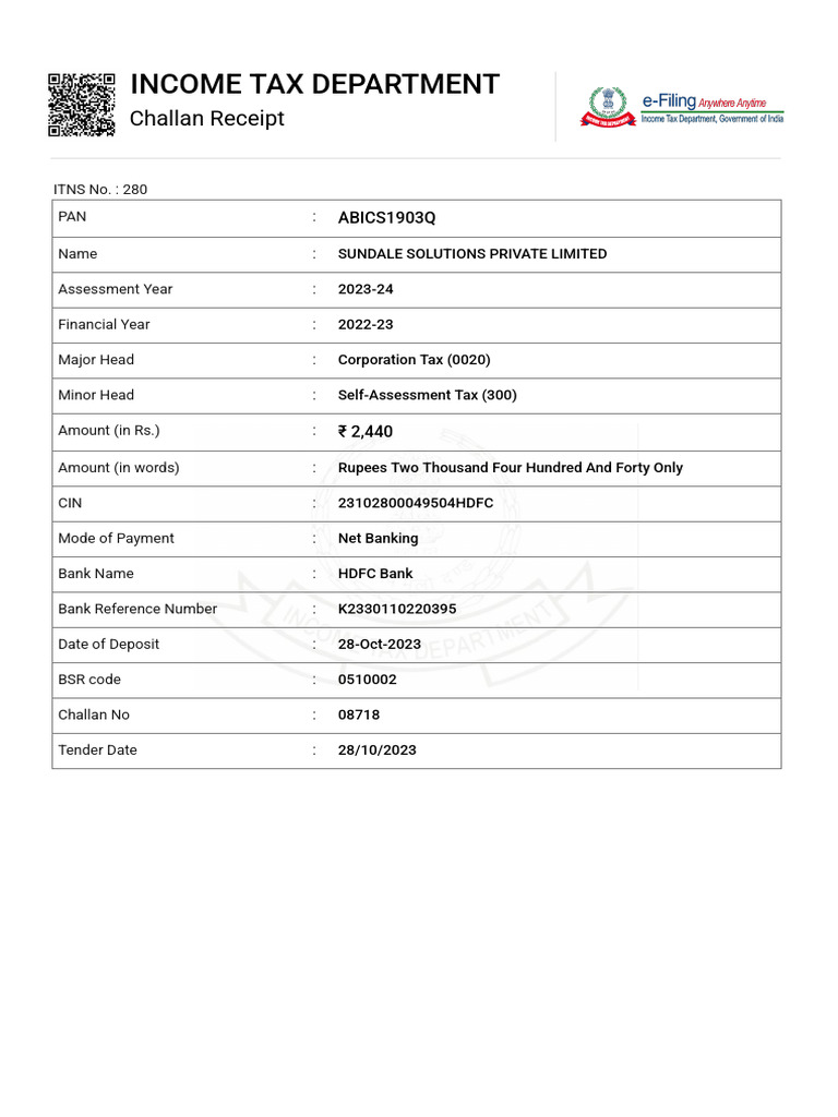 23102800049504HDFC ChallanReceipt | PDF | Taxes | Economies