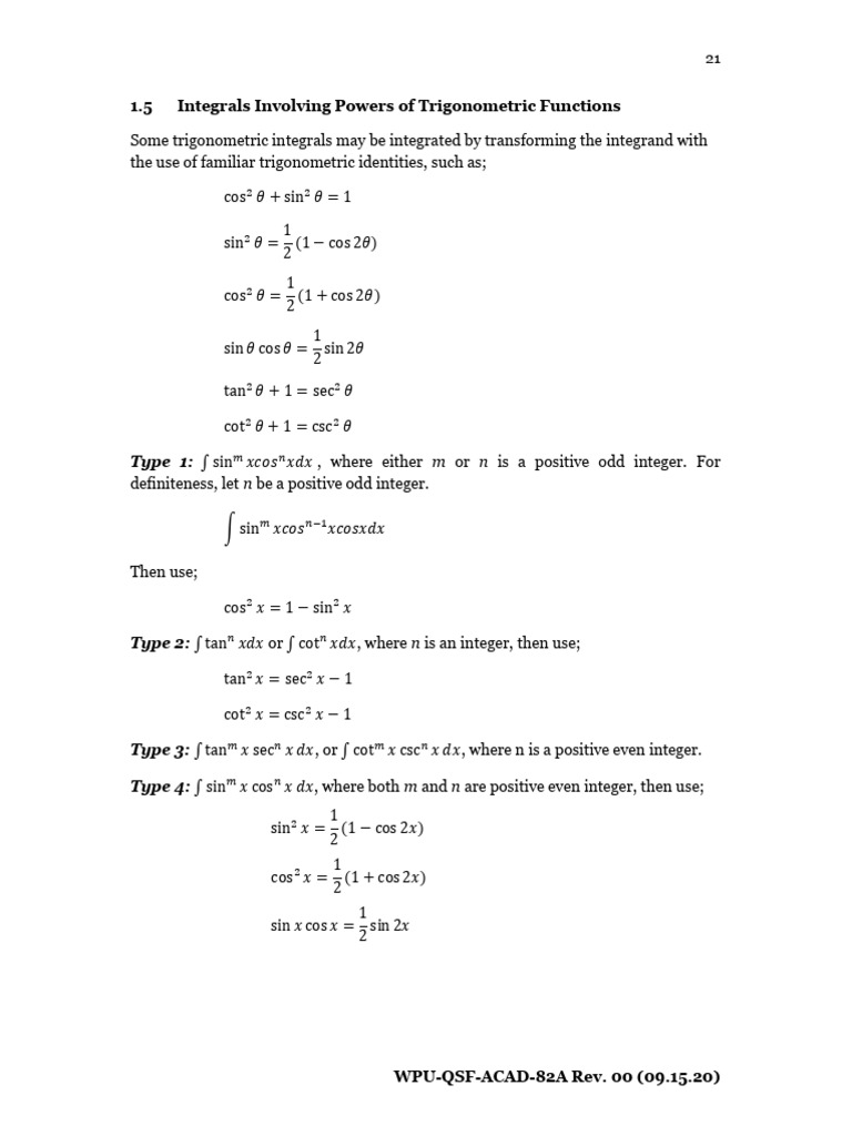 Trigonometric Integrals and Identities | PDF | Integral | Trigonometric ...