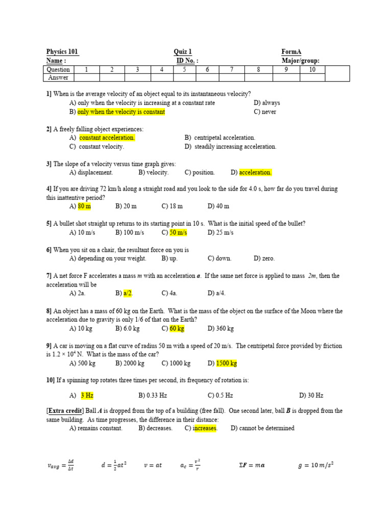 Physics 101 Quiz Questions and Answers | PDF | Acceleration | Velocity