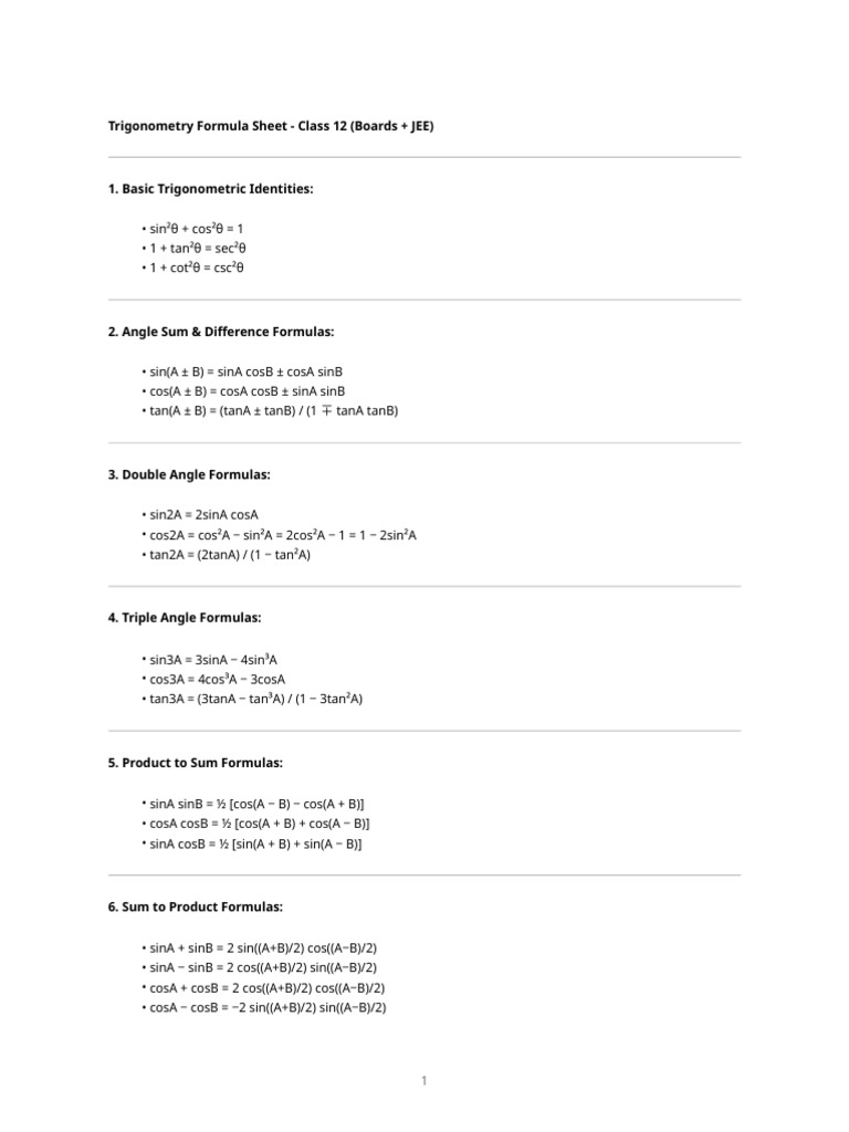 Trig Formula Sheet | PDF