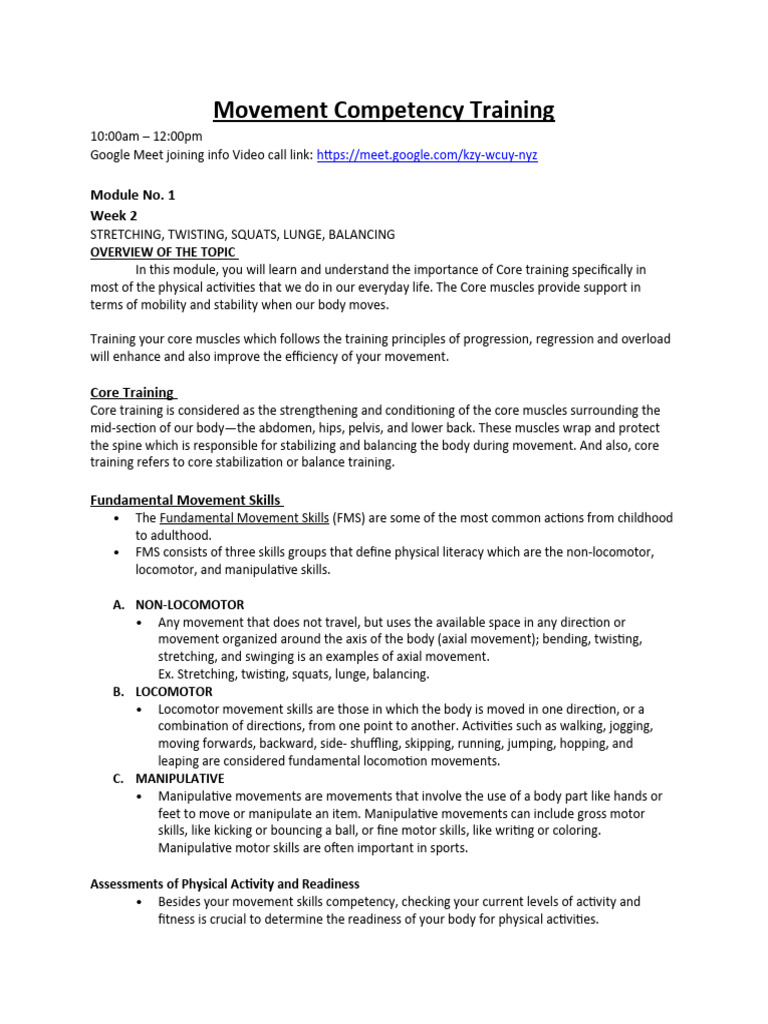 Movement Competency Training 1st Year 1st Semester | PDF | Pelvis | Physical Fitness