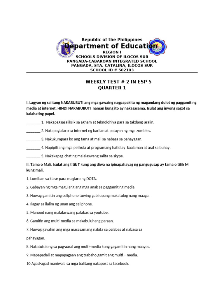 Department of Education: Weekly Test # 2 in Esp 5 Quarter 1 | PDF