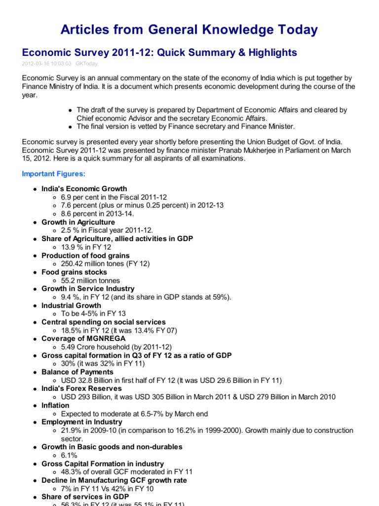 Economic Survey 2012 | PDF | Inflation | Monetary Policy