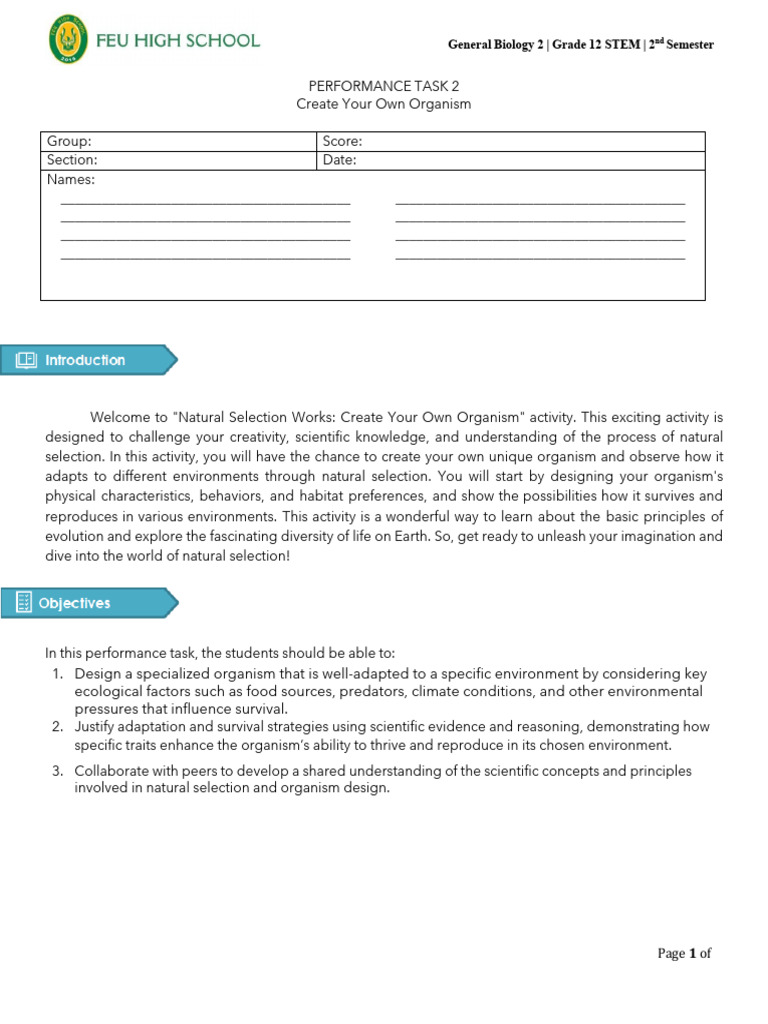 PETA 2 - Create Your Own Organism Final Student's | PDF | Natural ...