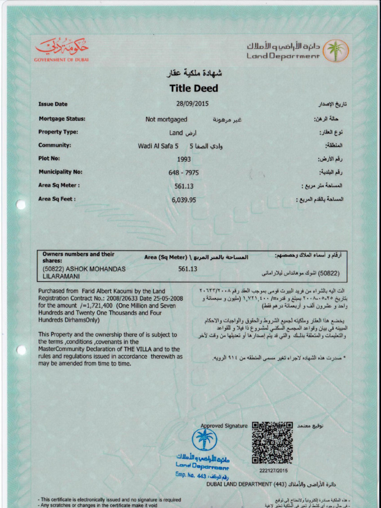 Title Deed RJ 016 | PDF