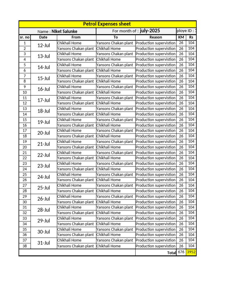 NIket - Petrol Sheet July 2025 | PDF