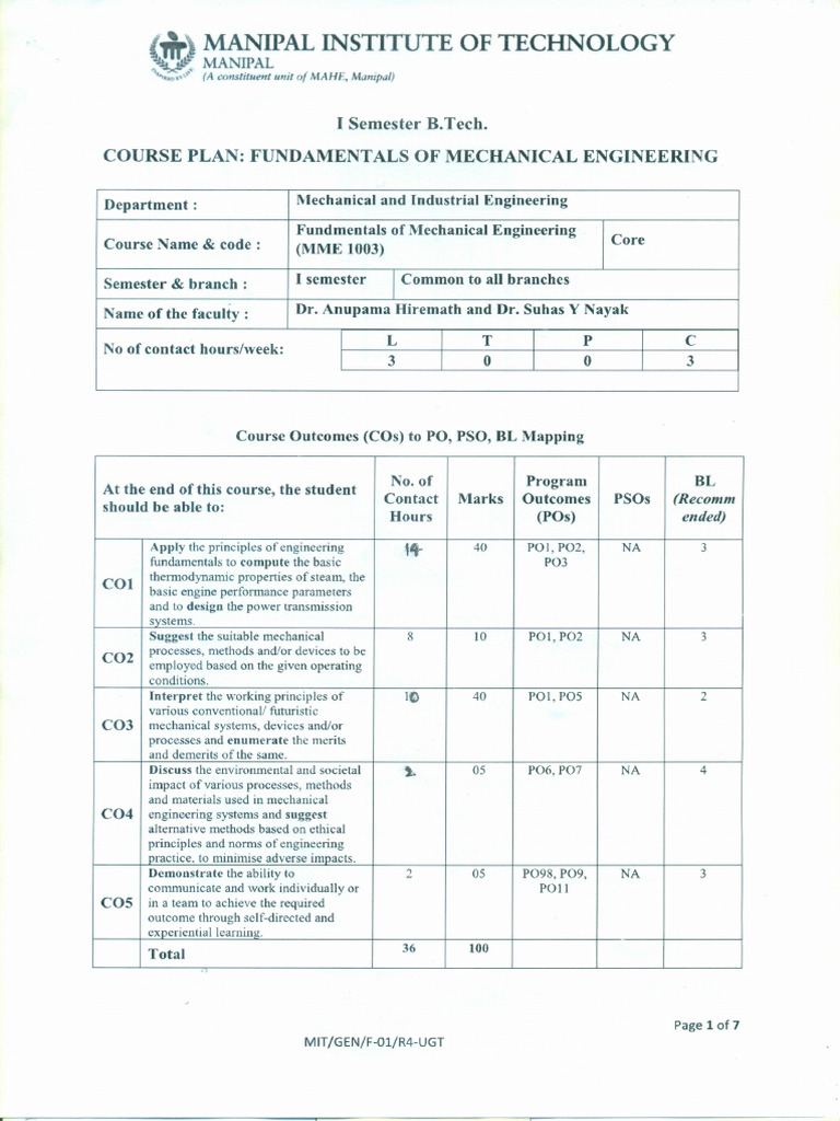 Course Plan: Mechanical Engineering I Sem | PDF | Engineering | Science