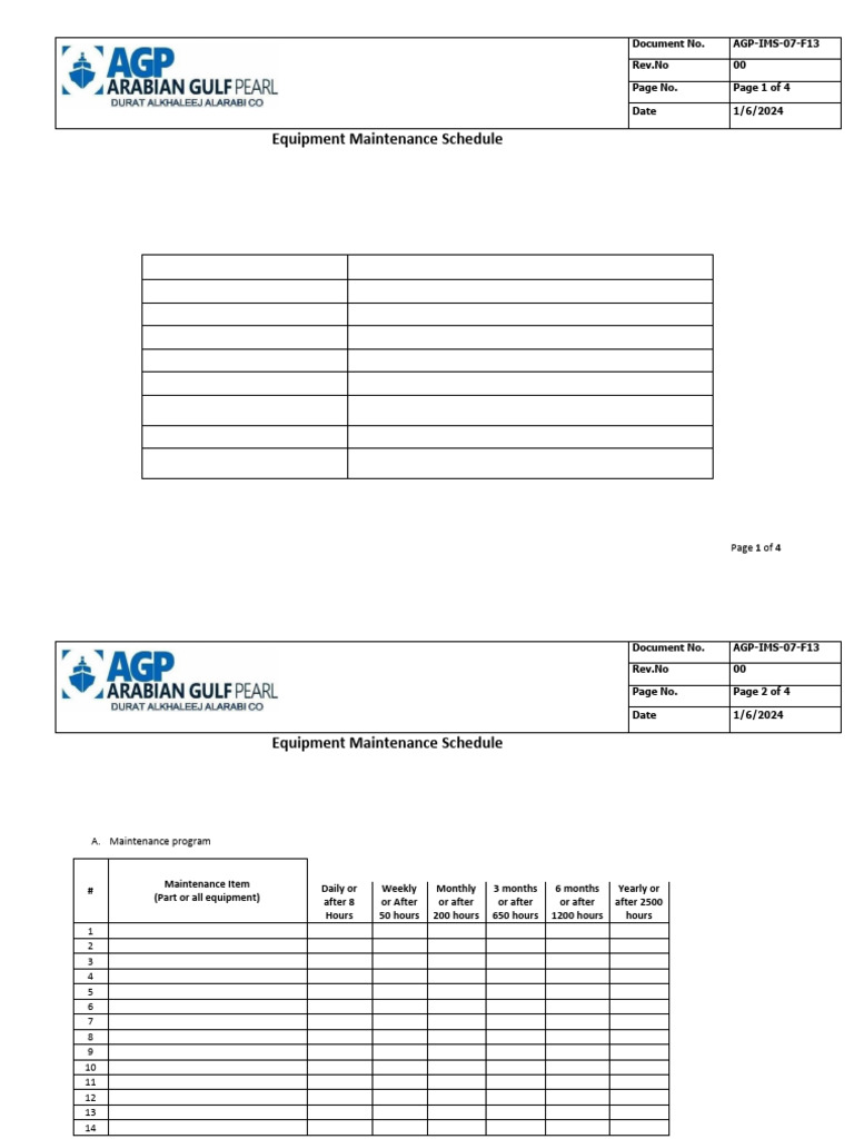 F13 Equipment Maintenance Schedule Form | PDF
