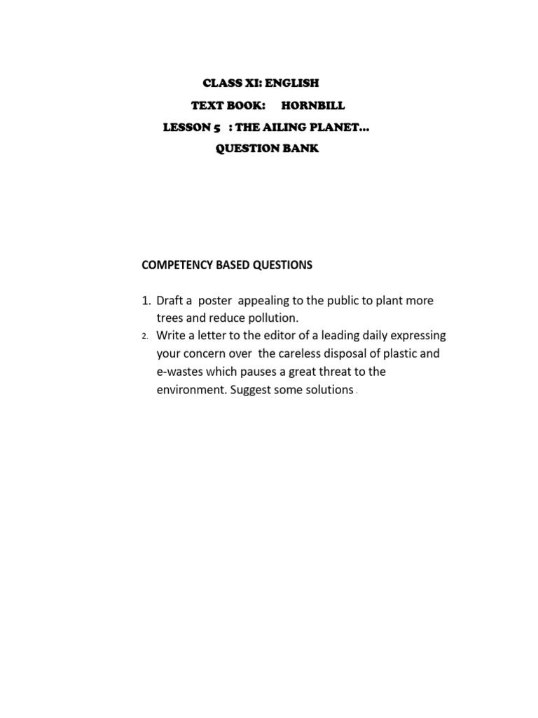 Competency Based Questions: Class XI: English Text Book: Hornbill ...