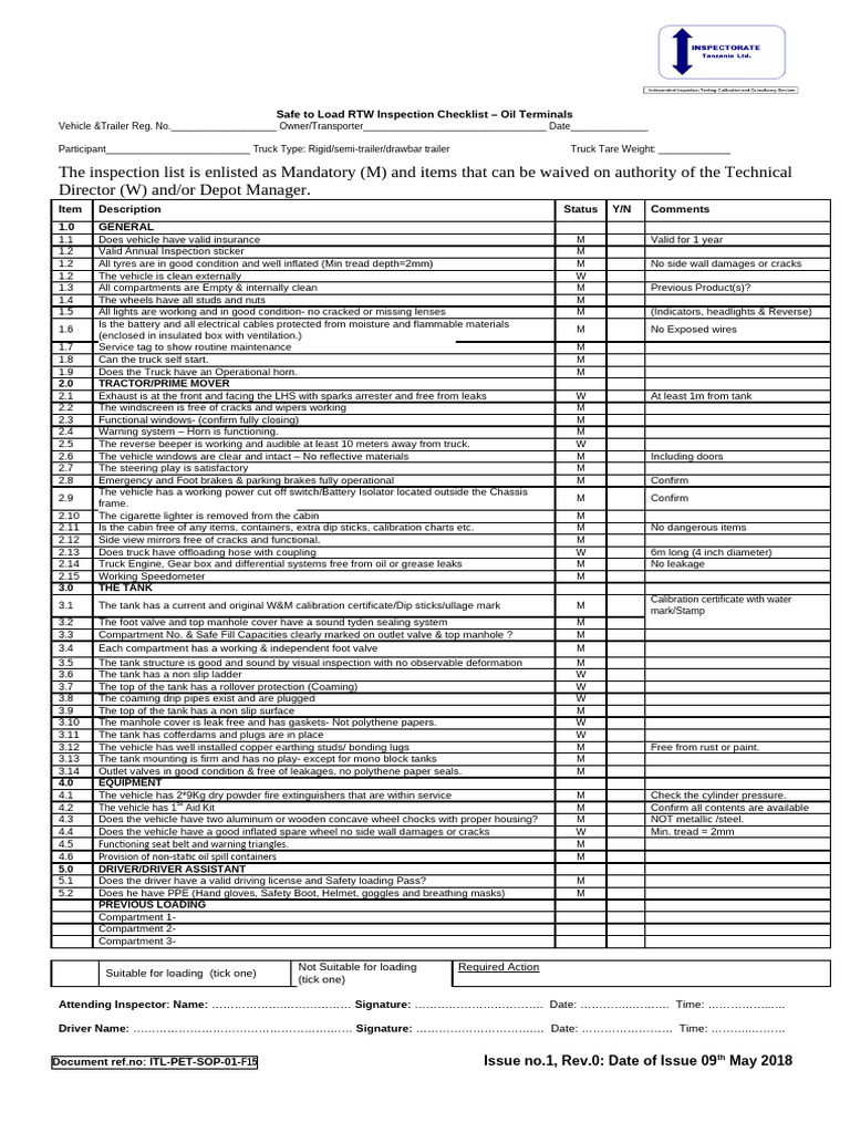Truck Inspection Checklist for Oil Terminals | PDF | Leak | Truck