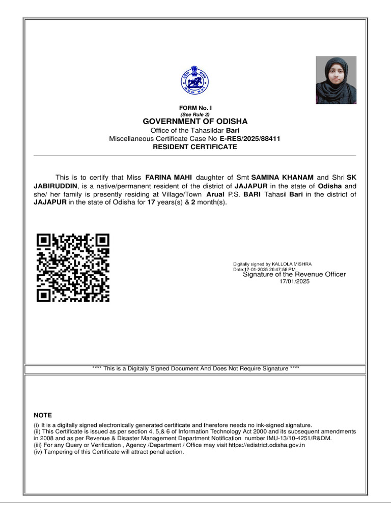 Resident Certificate for Farina Mahi | PDF