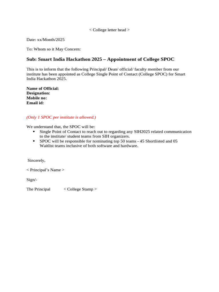 College Consent Letter For SPOC SIH2025 | PDF