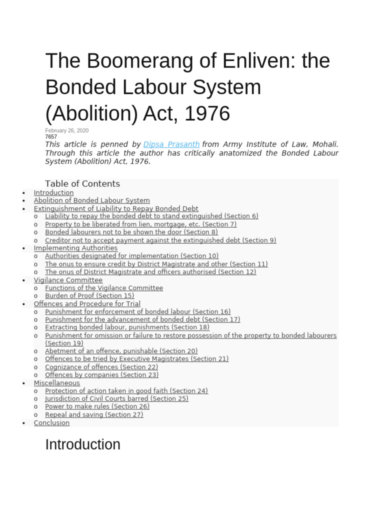 Analysis of the Bonded Labour Act 1976 | PDF | Bail | Crimes