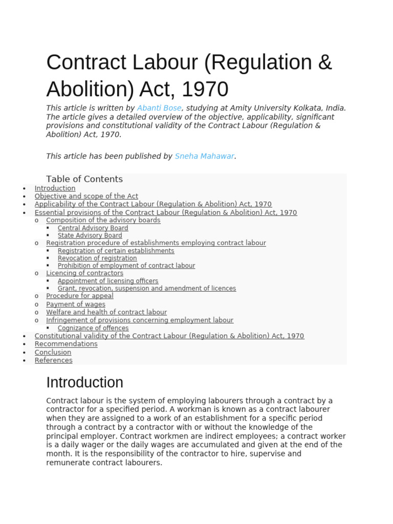 Contract Labour Act 1970 | PDF | Employment | License