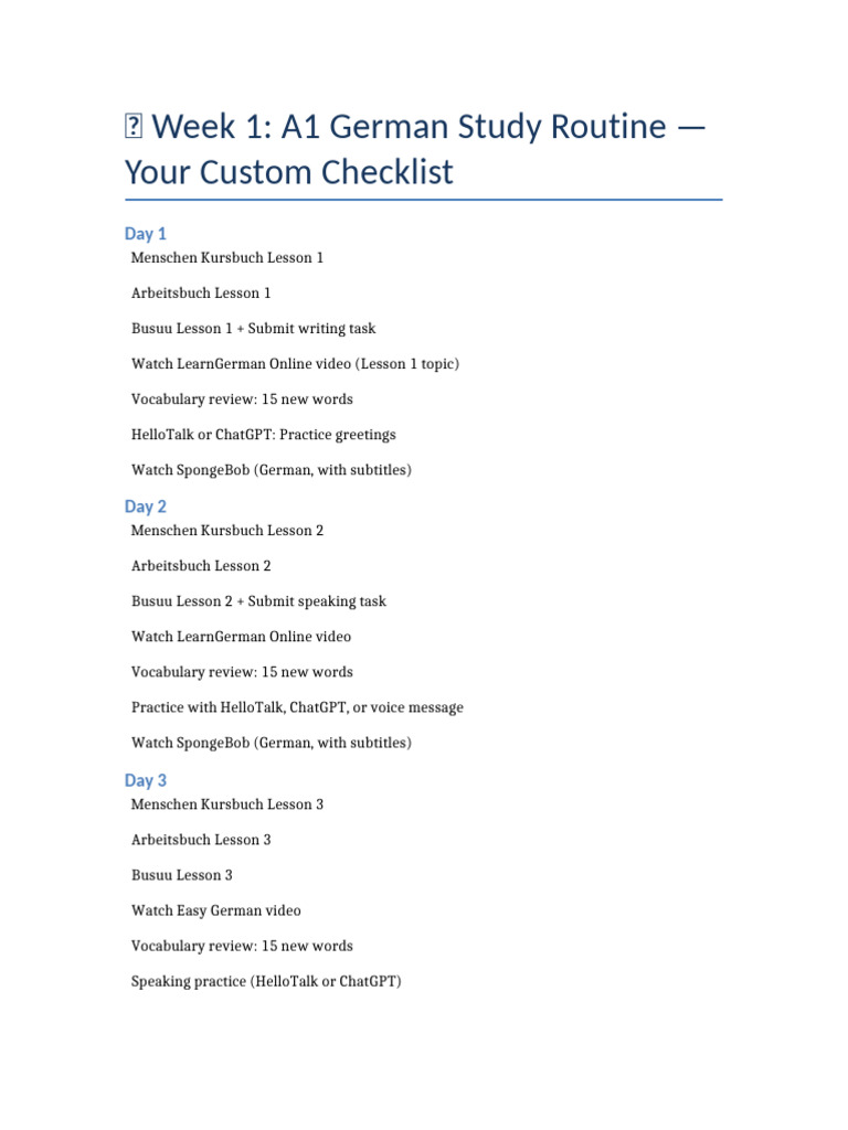 Custom Week 1 A1 German Checklist | PDF